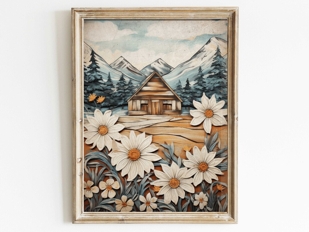 Vintage Cabin Art, Cozy Cottage Print, Mountain Cabin Print, Forest and ...