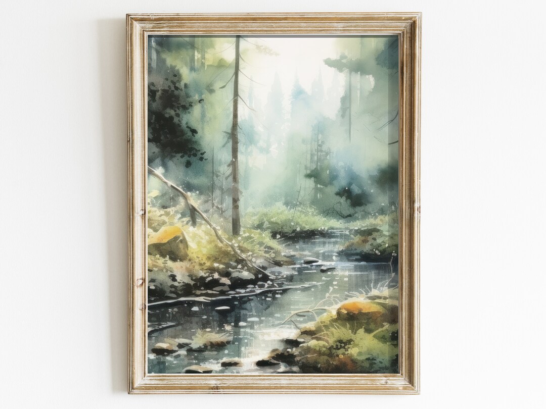 Forest Painting, Forest Stream Wall Art, Watercolor Landscape Decor ...