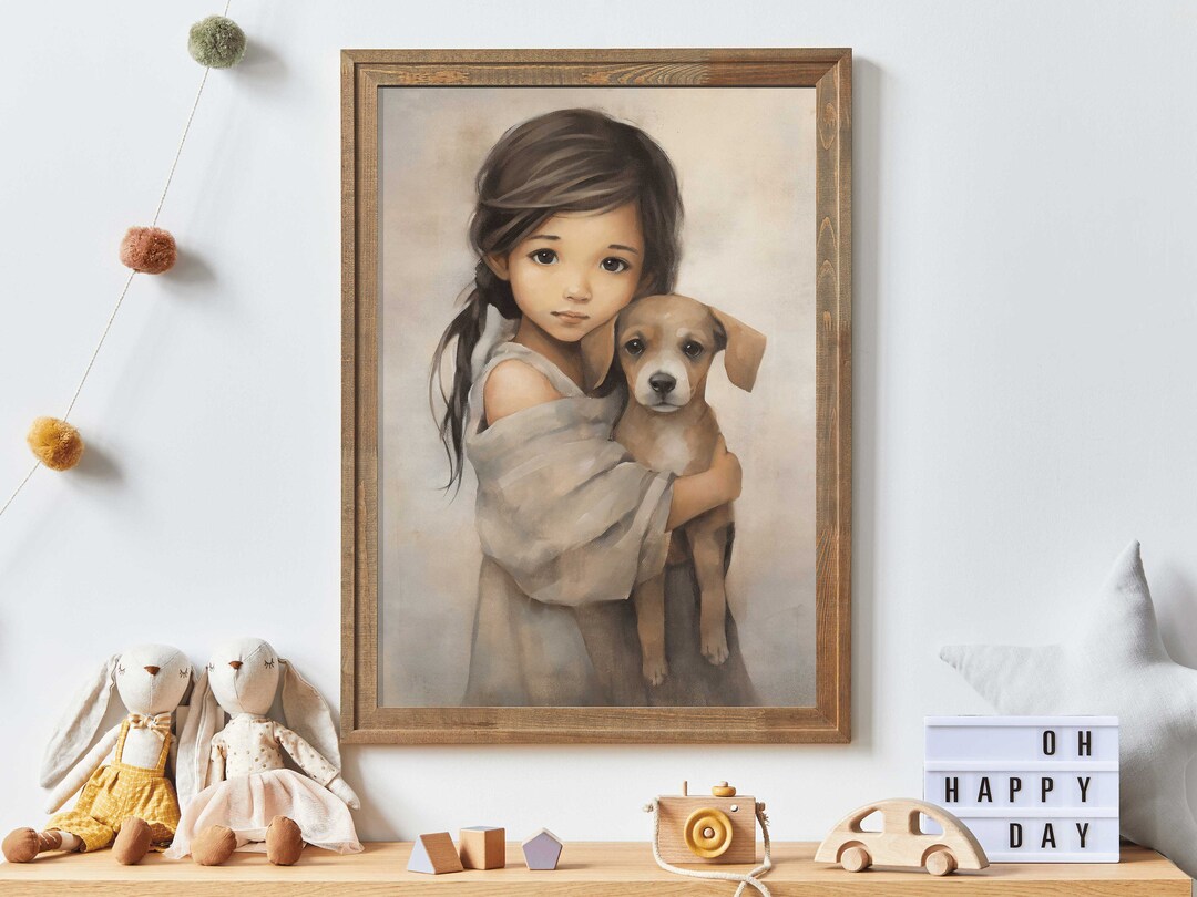 Dog and Girl Wall Art, Dog Nursery Decor, Dog Gifts for Girl Kid, Cute ...