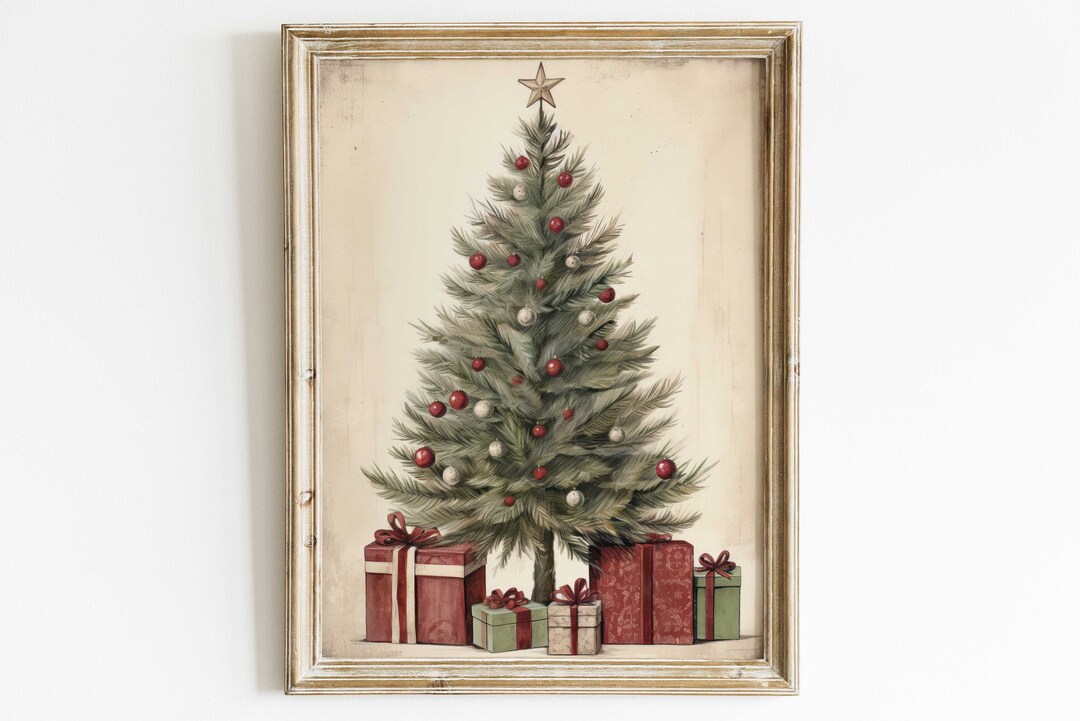 Christmas Tree Print, Christmas Gifts Print, Vintage Christmas Wall Art ...