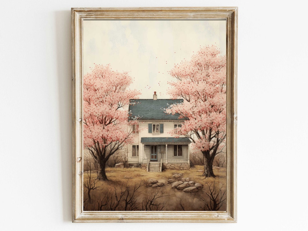 Vintage House Print, Cherry Blossom Trees, Homestead Print, Countryside ...