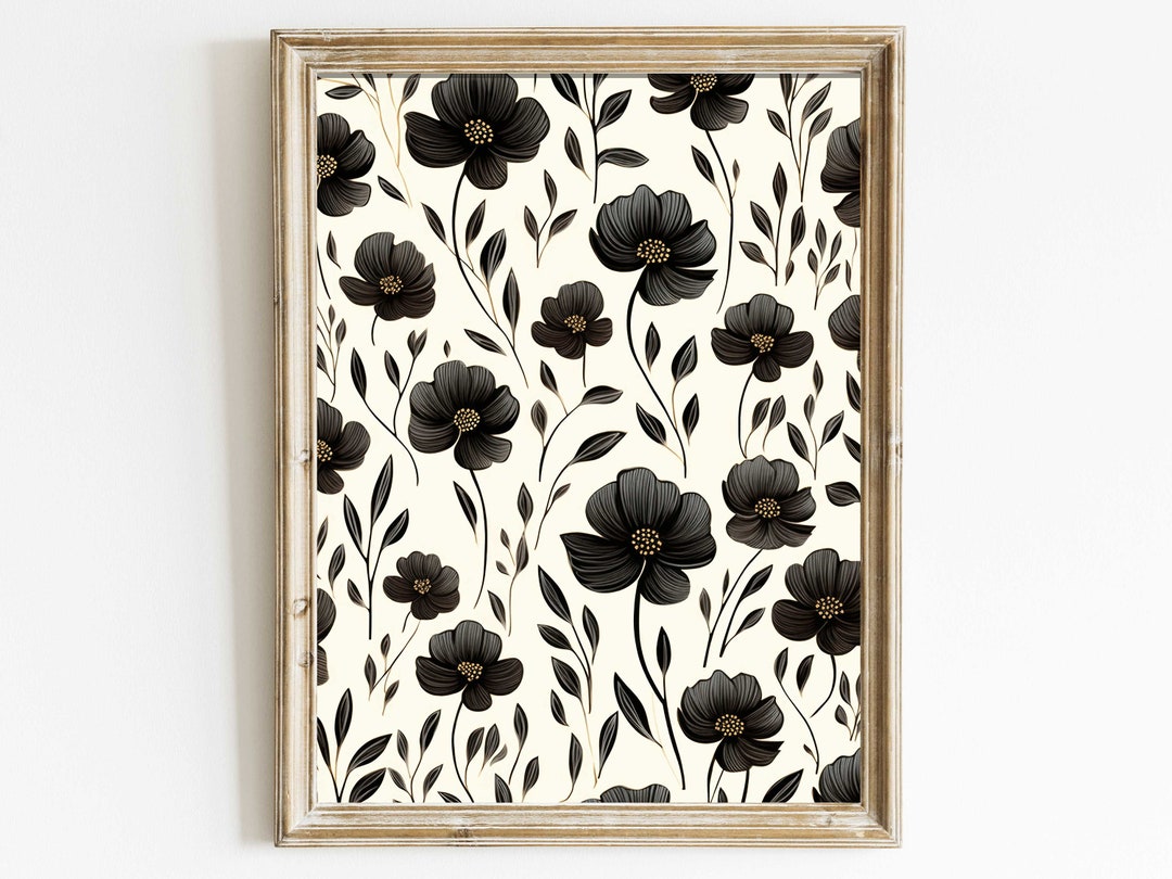 Black Flowers Print, Floral Pattern Wall Art, Black & White Floral Art ...