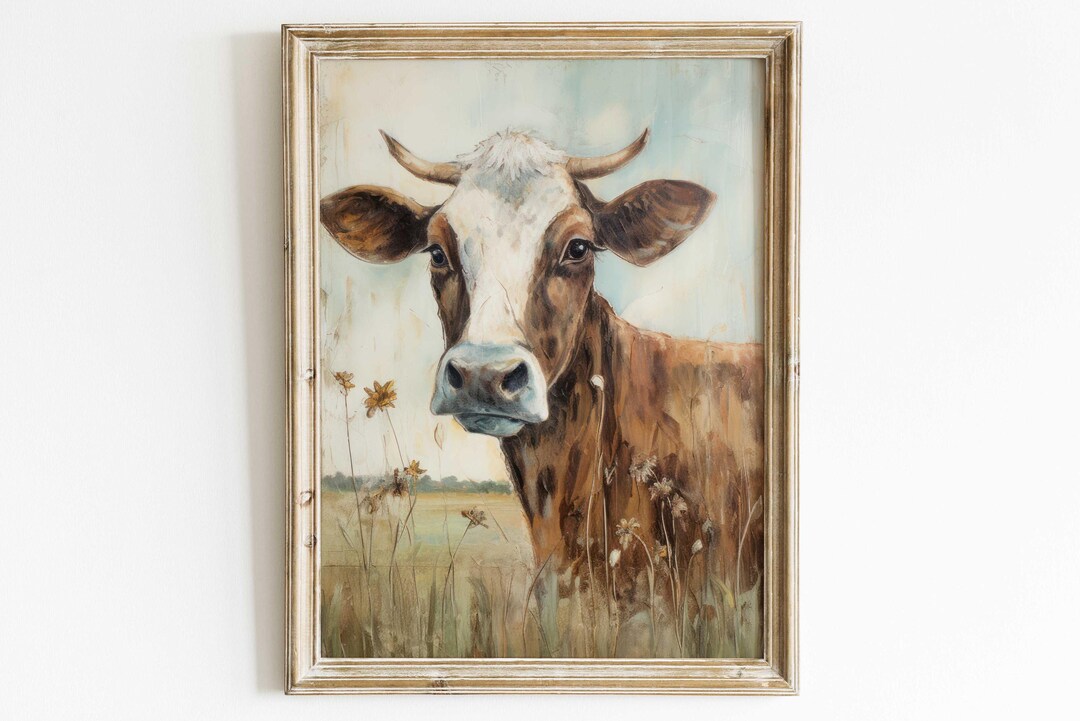 Vintage Cow Portrait, Whimsical Cow Wall Art, Cattle Art, Farmhouse ...