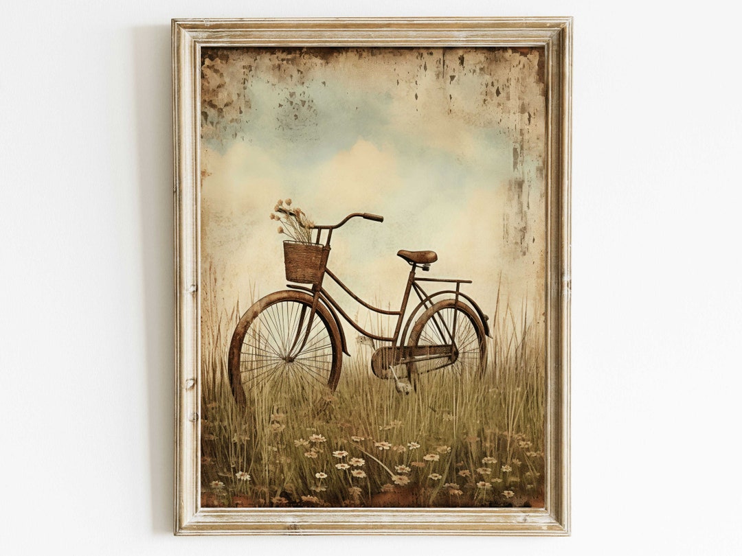 Vintage Bicycle Art Print, Bike & Wildflower Meadow Print, Rustic Floral Wall Decor, Country ...