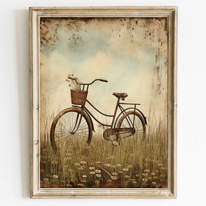 Vintage Bicycle Art Print, Bike & Wildflower Meadow Print, Rustic ...