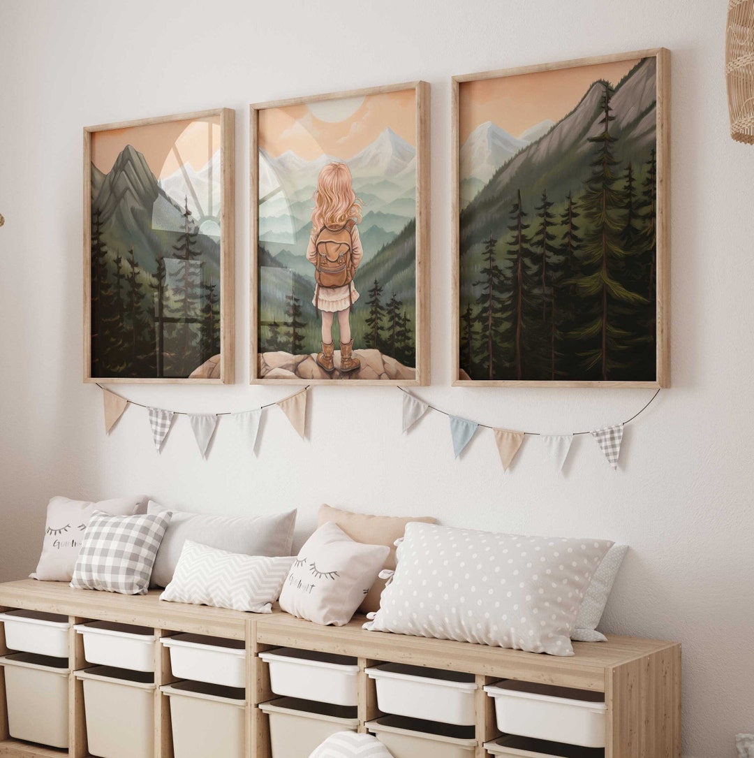 Girl Adventurer Mountain Vista Art Inspiring Vintage Triptych Print Set ...