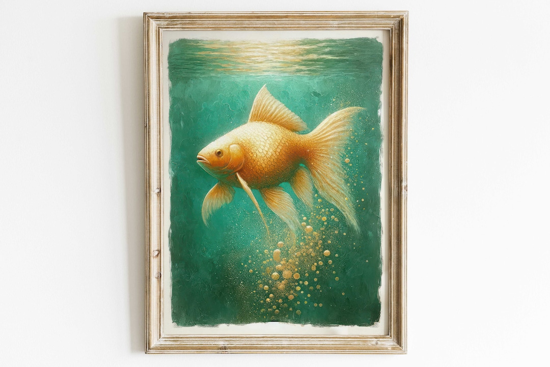 Gold Fish Art, Emerald Green Wall Art, Goldfish Print, Fish Painting ...