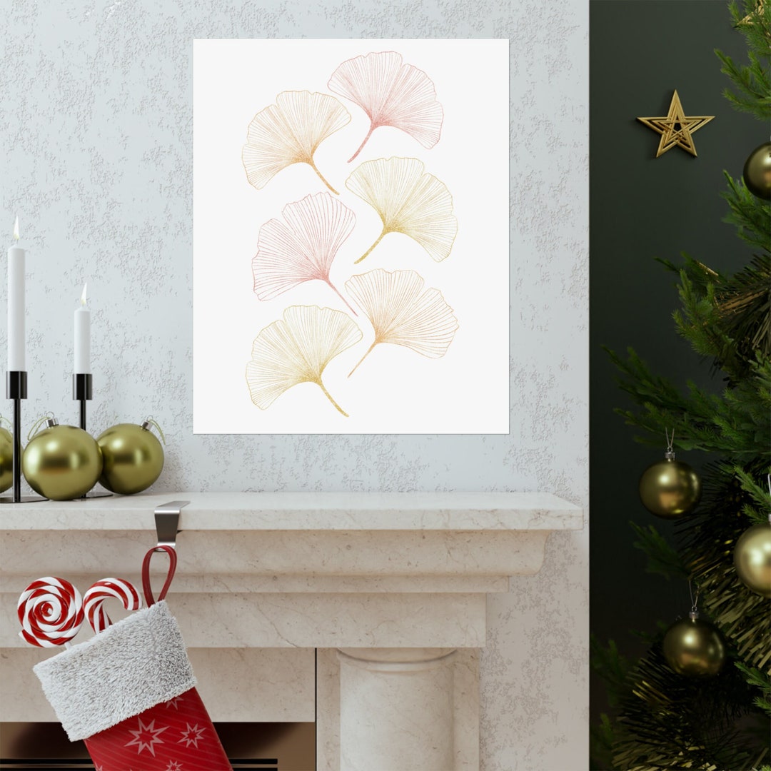 Ginkgo Leaf Wall Art With Golden and Pink Ginkgo Leaves Nature Poster ...
