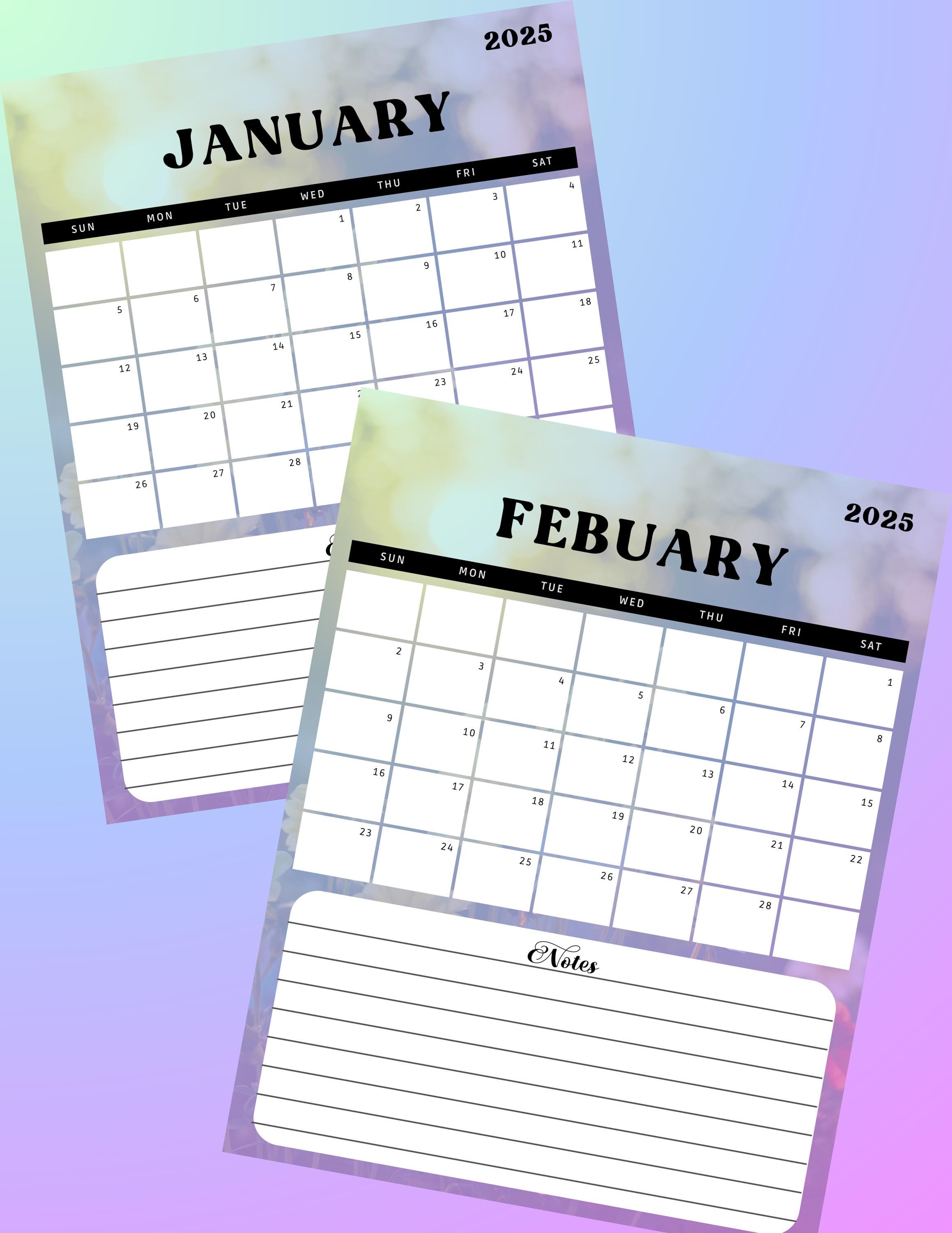 2025 Calendar Template, Sunday Start, Monthly Calendar, Printable PDF ...