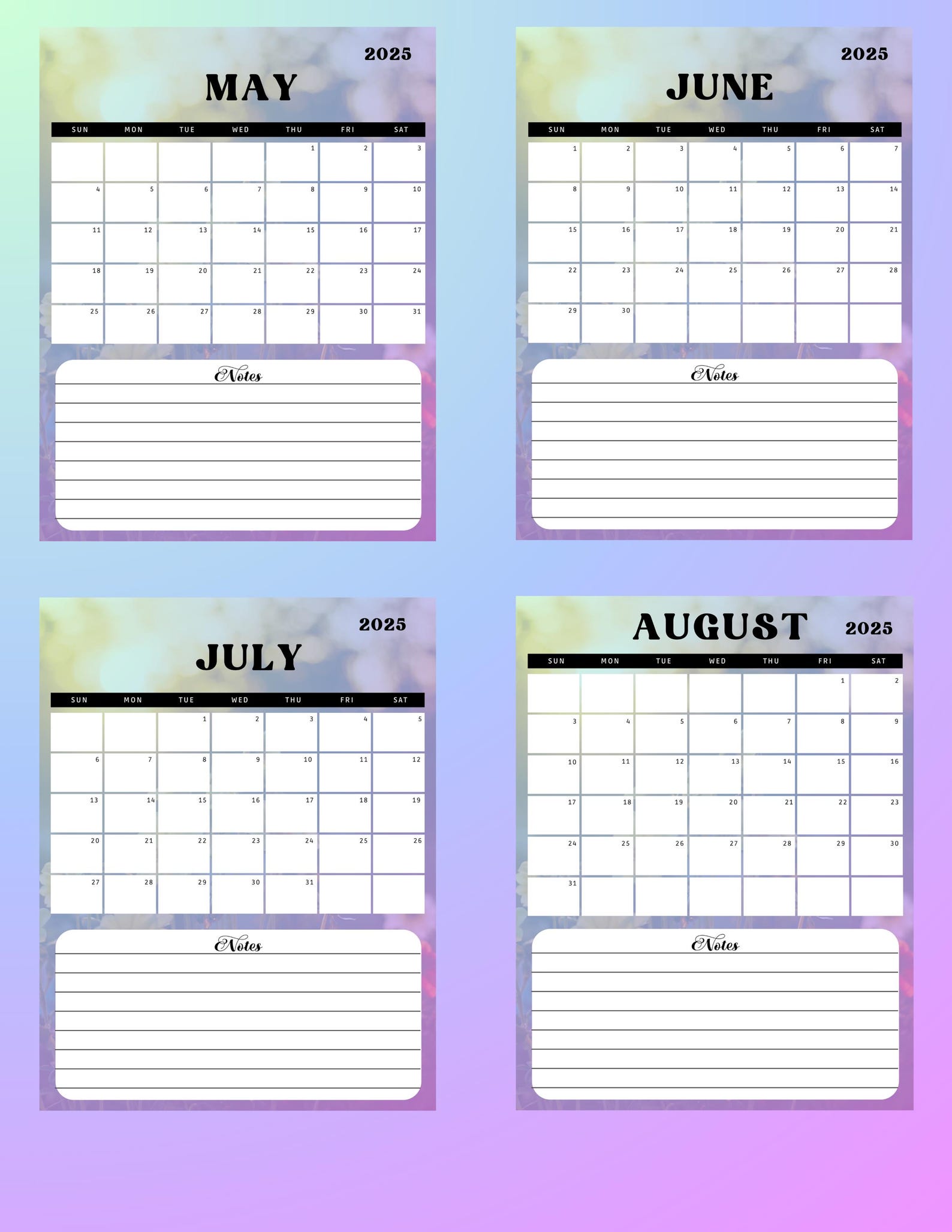 2025 Calendar Template, Sunday Start, Monthly Calendar, Printable PDF ...