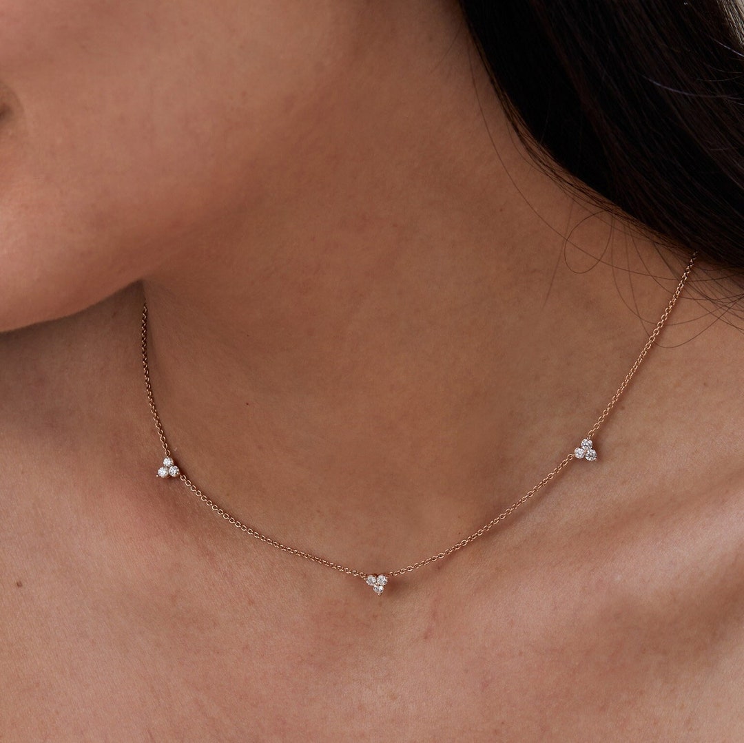Three Stone Diamond Station Necklace, 14k Gold 3 Station Necklace, Trio ...