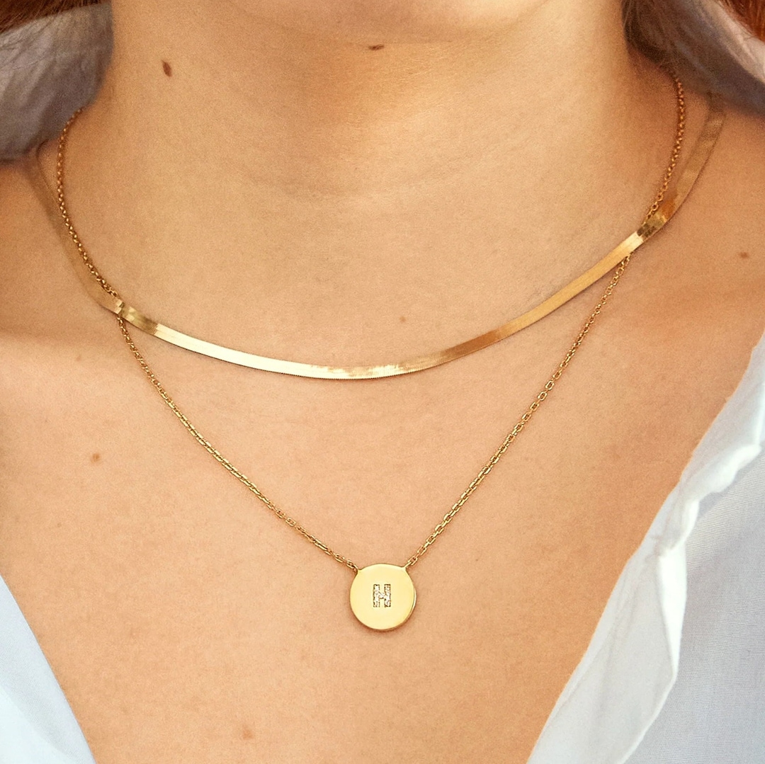 Diamond Initial Disc Pendant Necklace in 14k Gold, Custom Letter ...