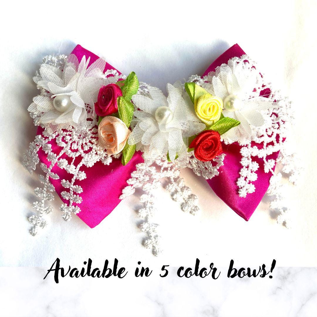 Petals & Lace Elegance Satin Bow, Mini Roses, Faux Pearl, Custom Made ...