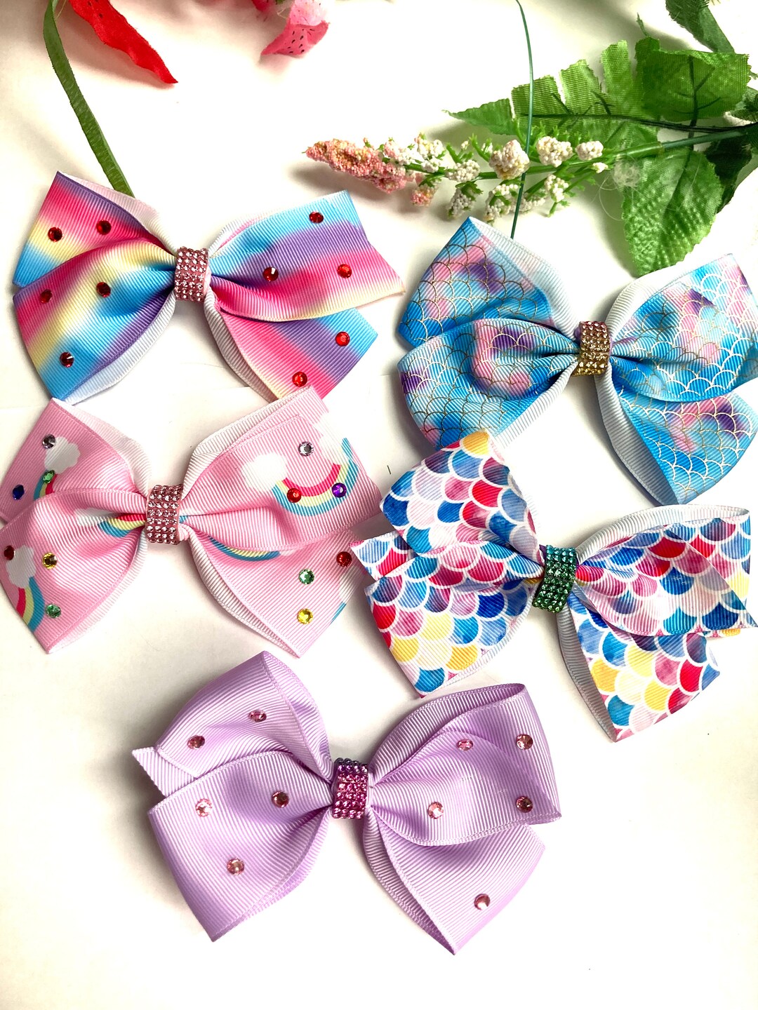Colorful Mermaid, Rainbow, Rhinestone Hair Bow, Girl Hairbows, Pet ...
