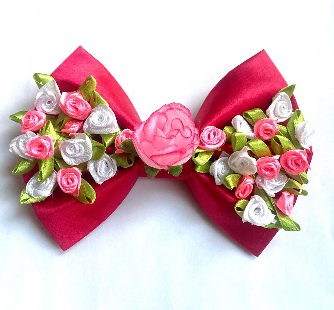 Rosy Bloom Elegance Satin Bow, 3D Mini Rose, Custom Made Dog Bow, Cat ...