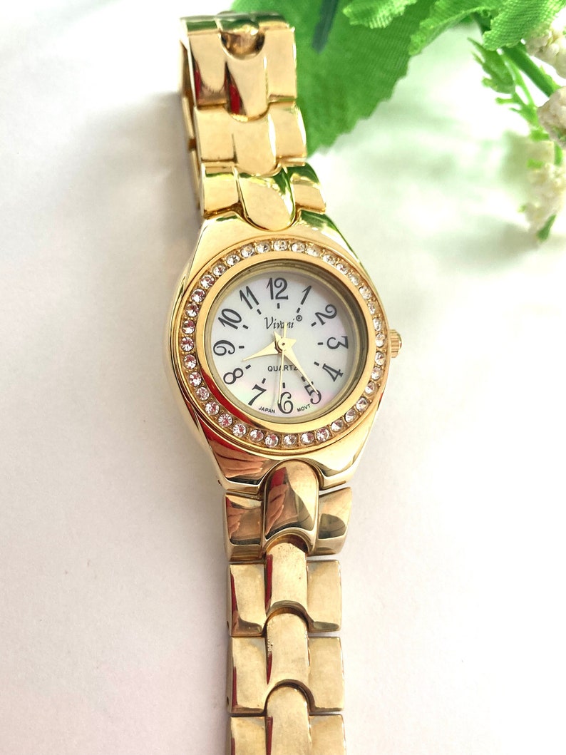 Elegant Bling Gold Tone Ladies Watch With CZ Diamond Case, Mother of ...