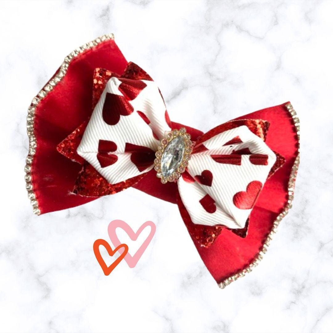 Twinkling Satin Hearts Bow, Rhinestone, Double Valentines Bow, Custom ...