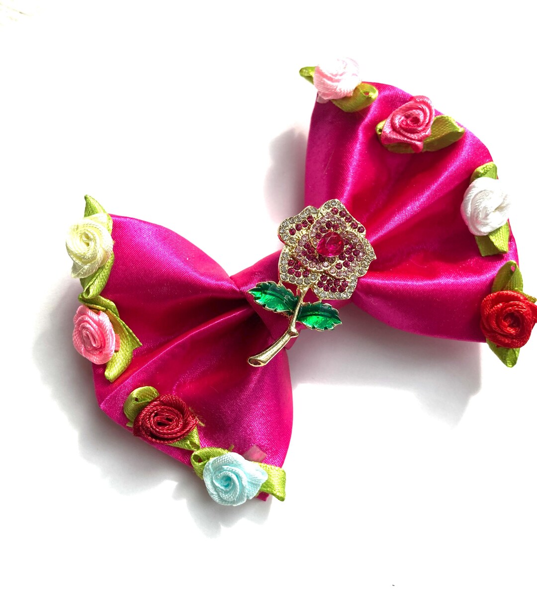 Rosy Radiance Elegance Satin Bow, Rhinestone Rose, Hot Pink Dog Bow ...