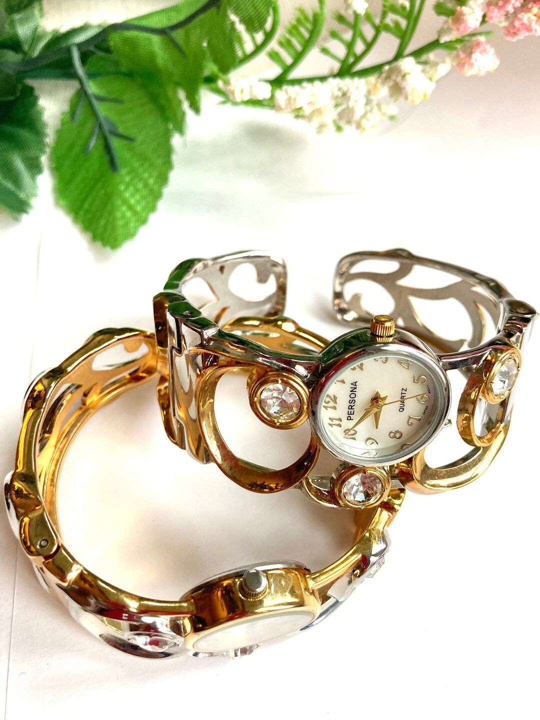 Striking Two-tone Bangle Ladies Watch With CZ Diamond Stainless Steel ...