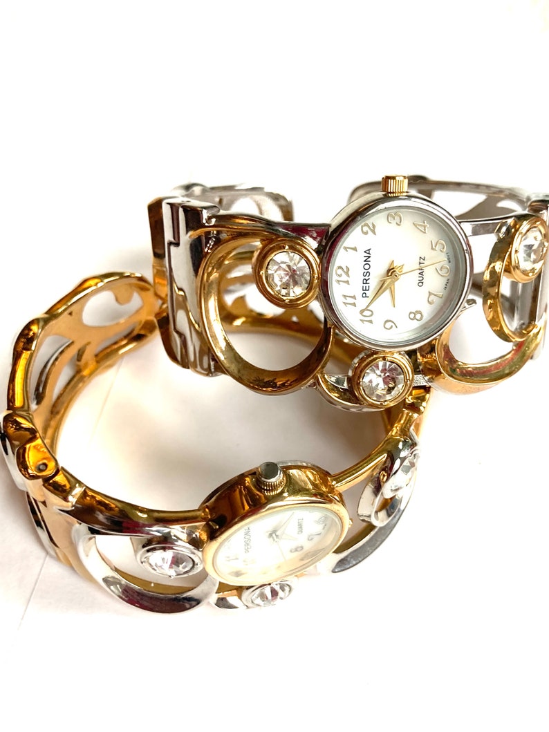 Striking Two-tone Bangle Ladies Watch With CZ Diamond Stainless Steel ...