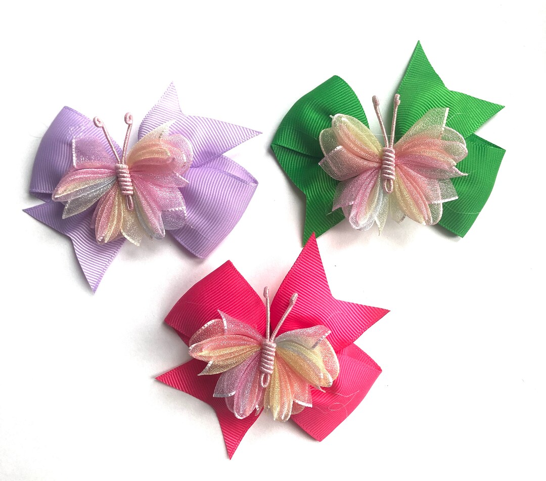 Garden Colorful Butterfly Ribbon Hair Bow, Girl Hairbows, Pet Hairbows ...