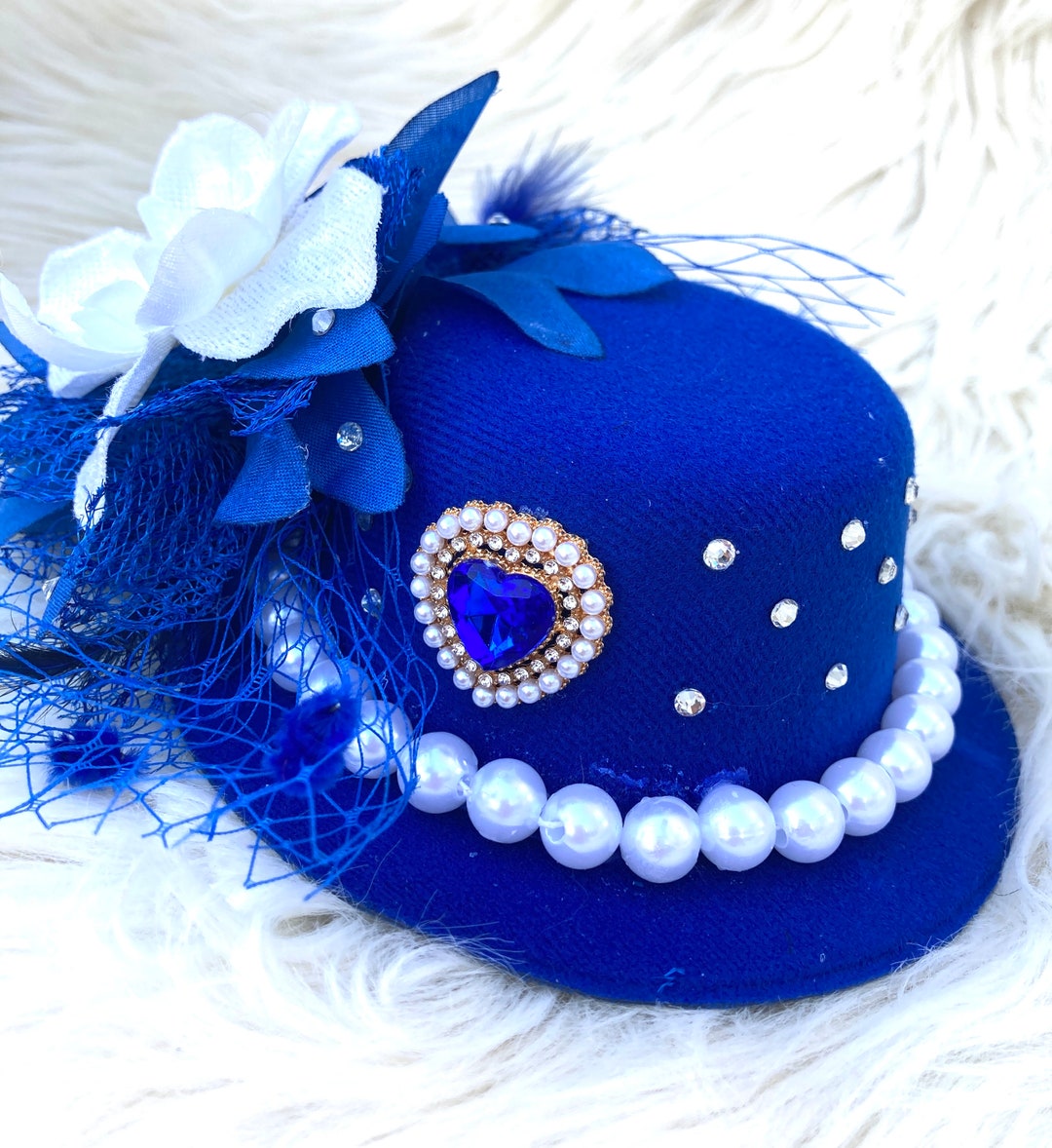 Two Looks in One, Elegant Royal Blue Hat With Sparkling Rhinestones ...