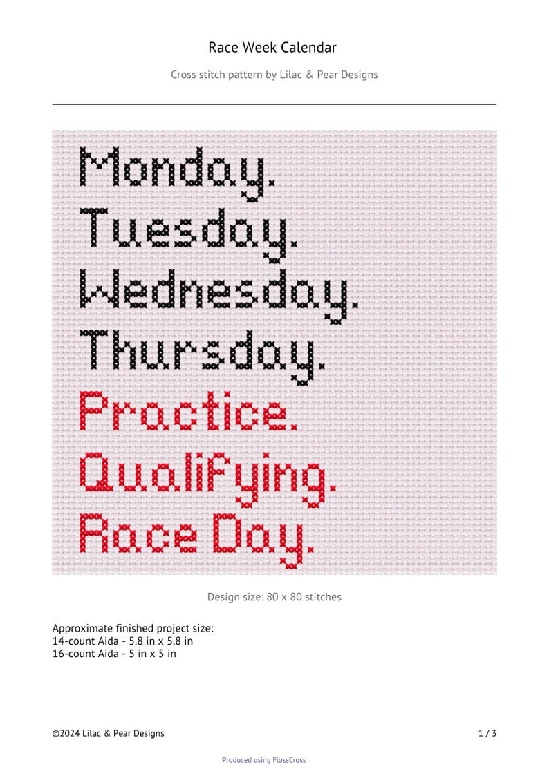 Formula 1 Cross Stitch Pattern, Race Week Calendar, F1, Instant PDF ...