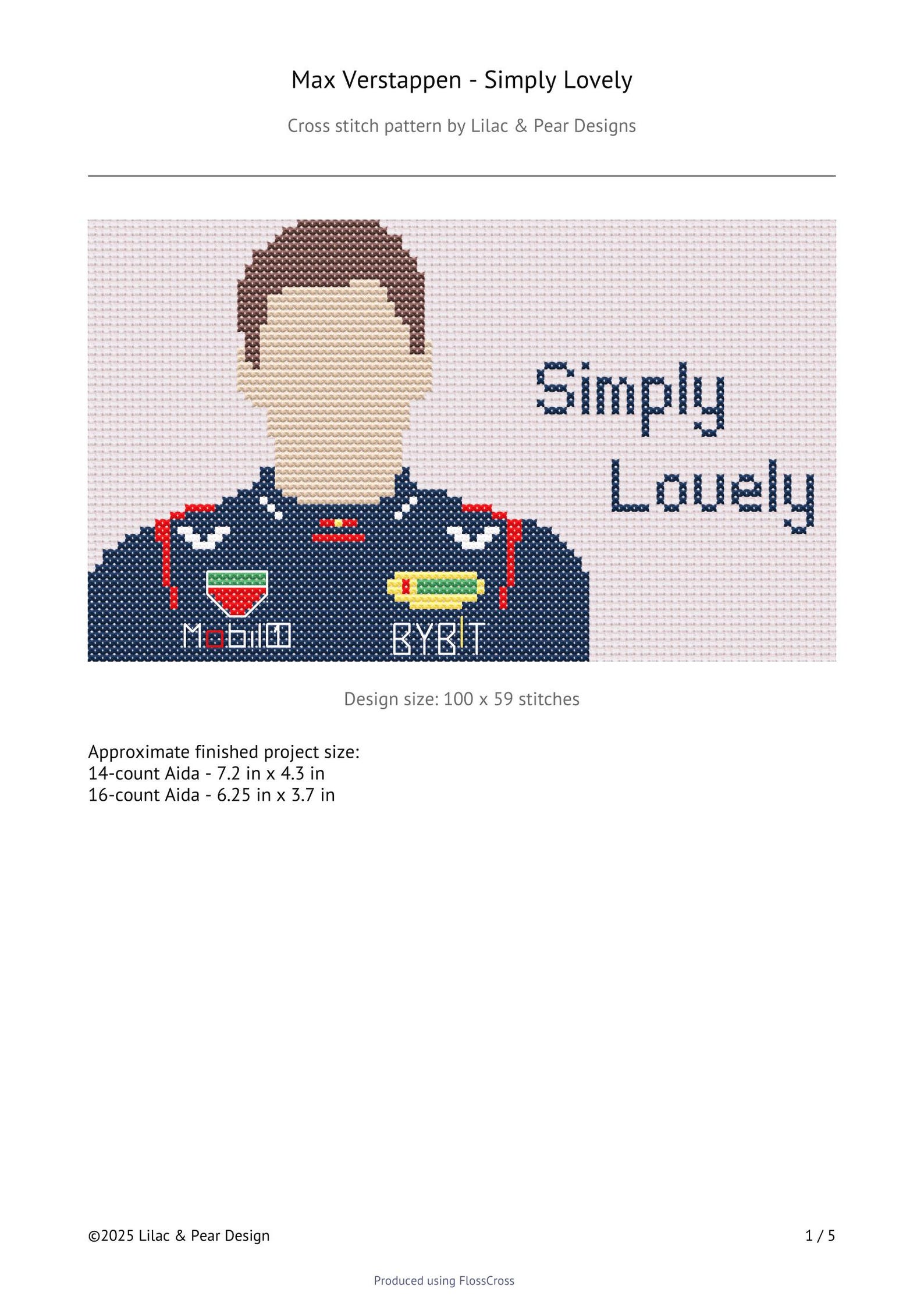 Formula 1 Cross Stitch Pattern, Max Verstappen, Red Bull F1, Instant ...