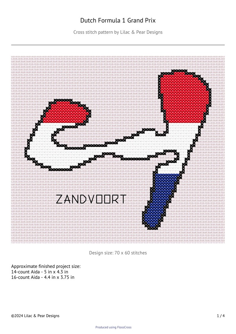 Formula 1 Dutch Grand Prix Cross Stitch Pattern, F1 Zandvoort Circuit ...