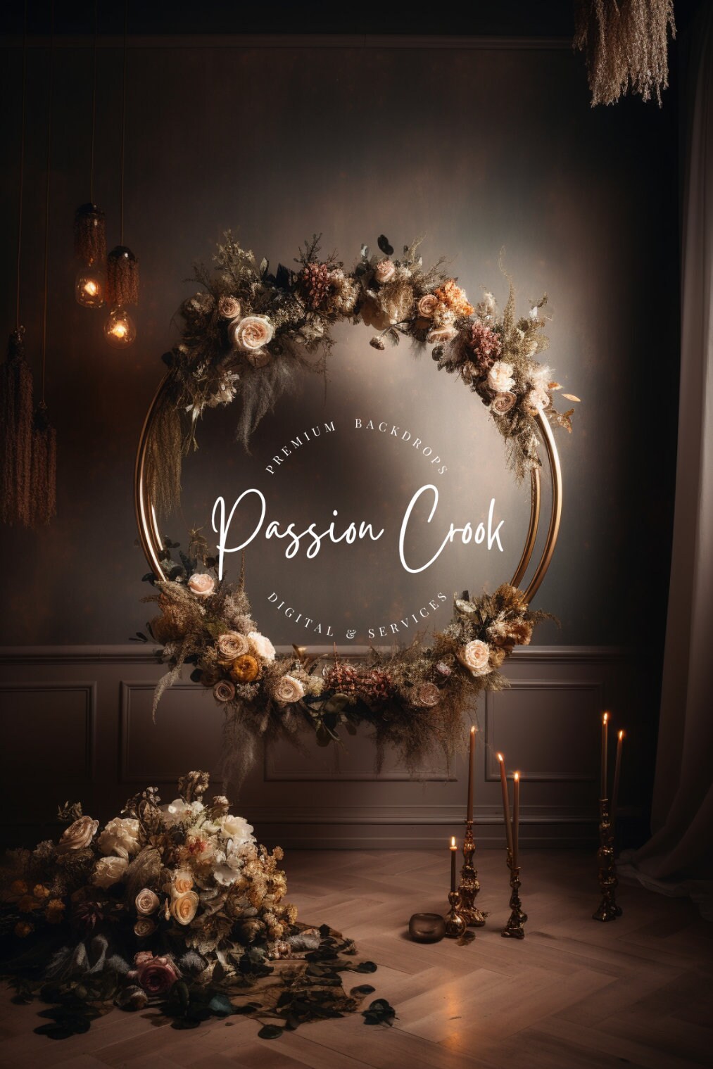 Rustic Gold Flower Ring Backdrop Digital Download Photo Elegant Floral ...