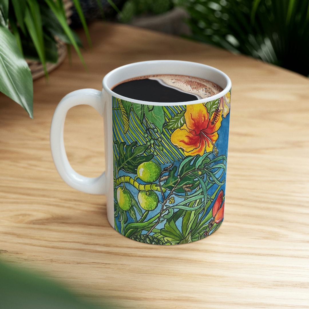 Hawaiian Coffee Cup: Tropical Plant Watercolor Art Mug, Island-inspired ...