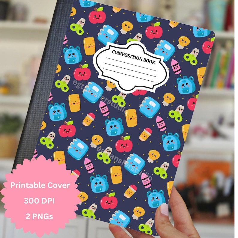 Kawaii Composition Notebook Cover PNG, Back to School Pattern (digital ...