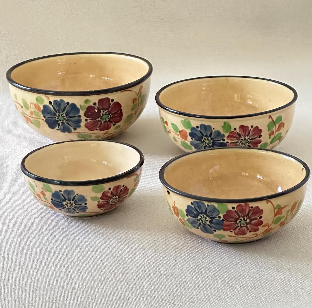 Vintage Floral Stoneware Nesting Bowls: Handpainted Red & Blue Flowers ...
