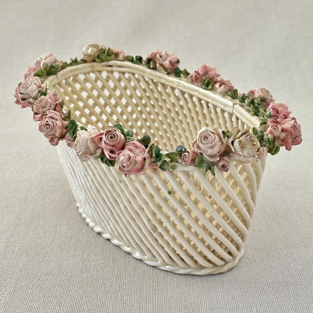 Vintage Capodimonte, Woven Porcelain Bread Basket With Pink Roses ...