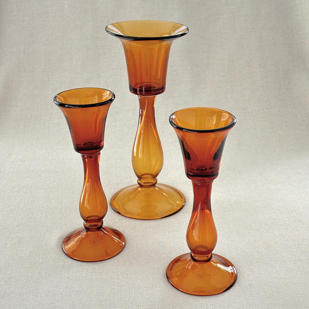 Vintage Large Amber Candlesticks Holders, Set of 3, MCM. Gorgeous ...