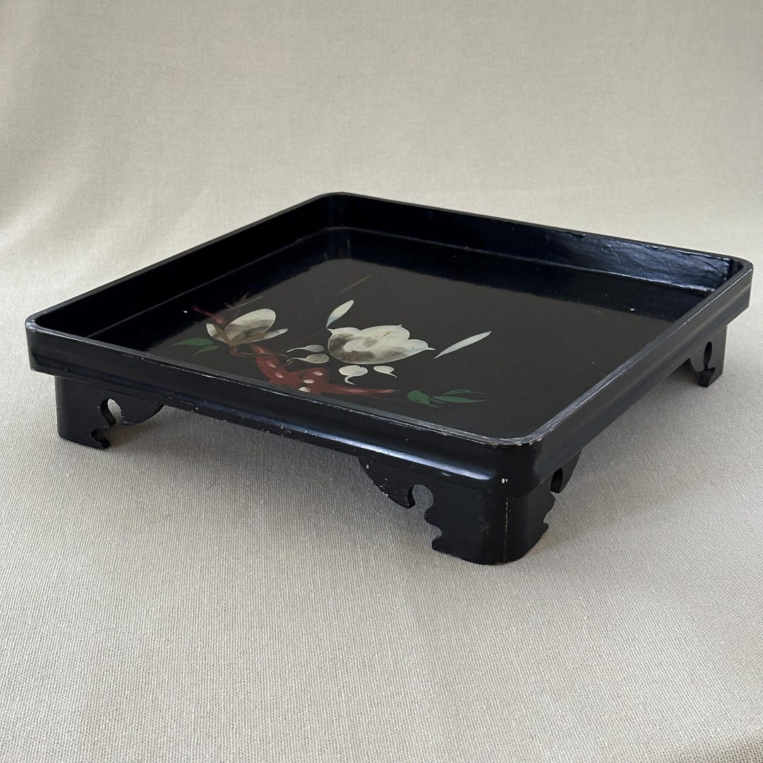 Vintage Black Tray, Pedestal Square, Lacquer. Floral. Asian Riser ...