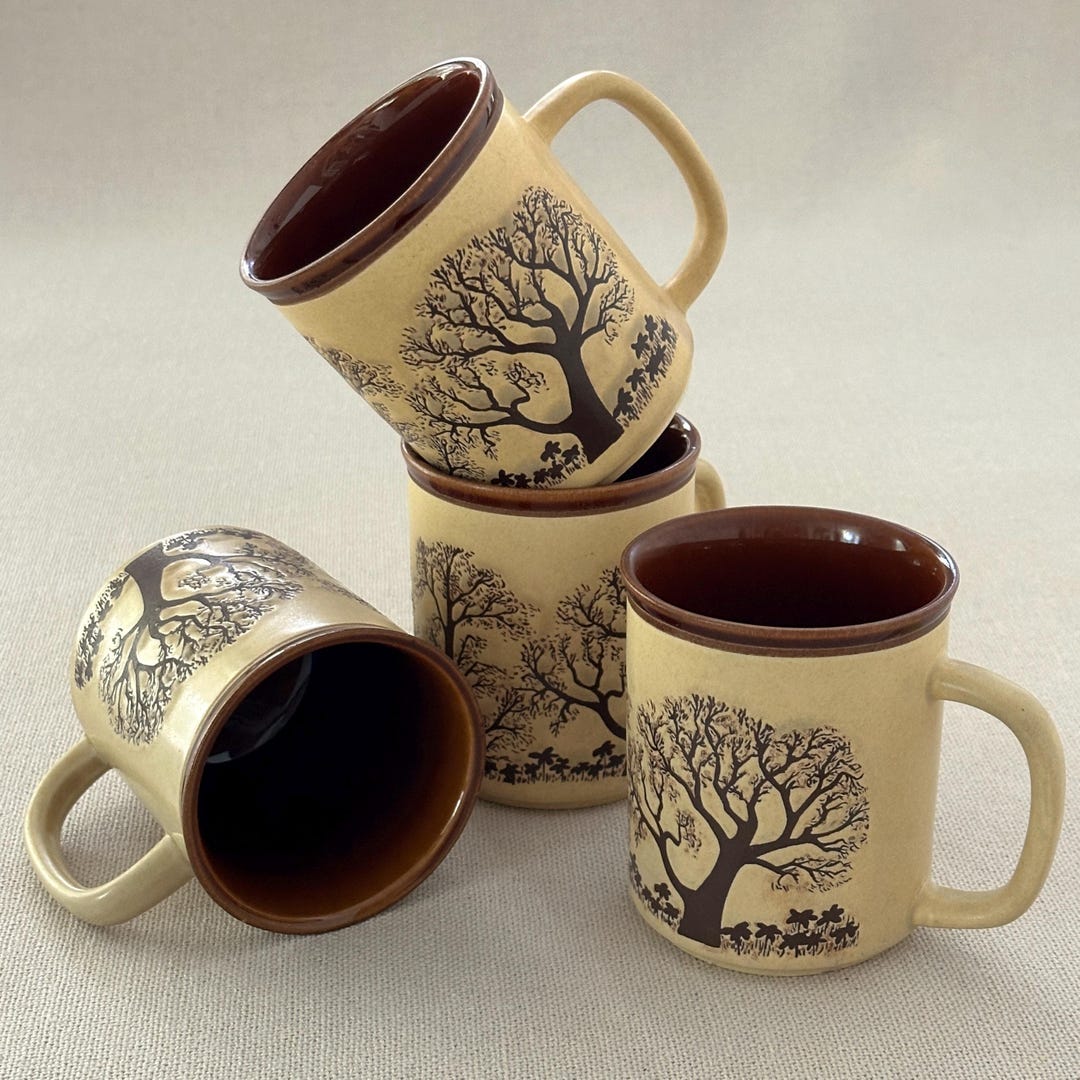 Vintage Set of 4 Stoneware Mugs. Brown Glaze Interior and Tree Design ...