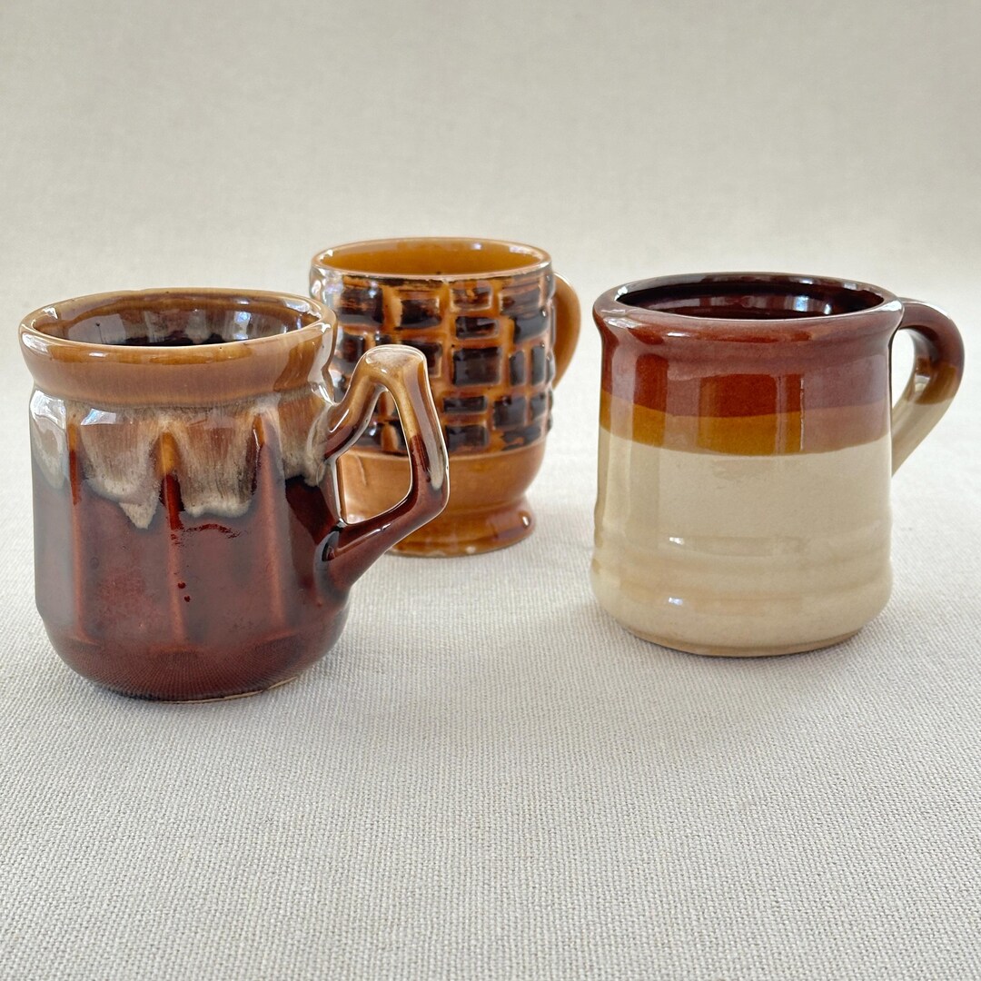 Vintage Set of 3, Stoneware Mugs, Natural Colors Brown, Tan. Mismatched ...
