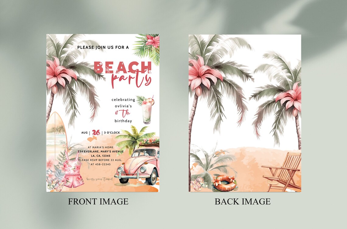 Editable ANY AGE Surfing Pink Girl Beach Party Birthday Party ...