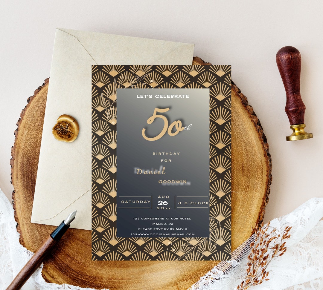 Customized Birthday Invite, Japanese Wave Themed Gold Patten Golden ...