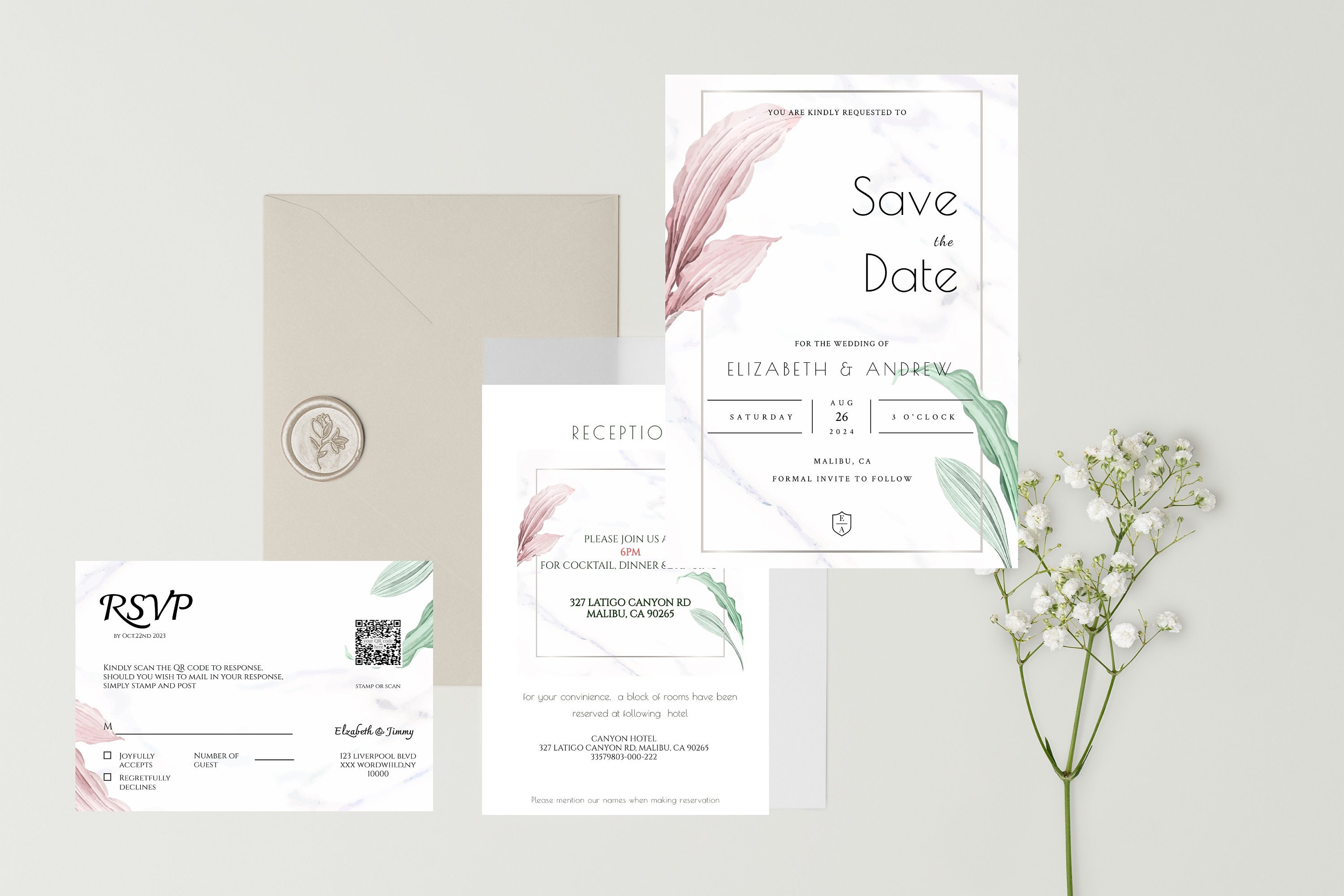 Editable Greenery Modern Wedding QR Code Invitation Set| Minimalist ...