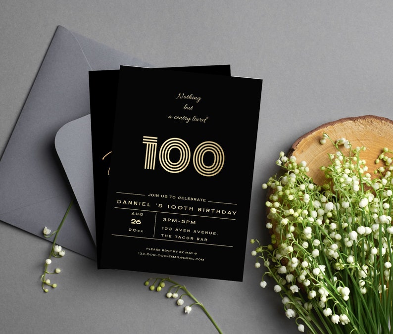 Editable Minimalist 100 Birthday Invitation|editable Gold and Black ...
