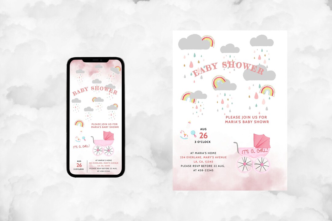Editable Raindrop Delight Pink Stroller Baby Shower Invitation Baby ...