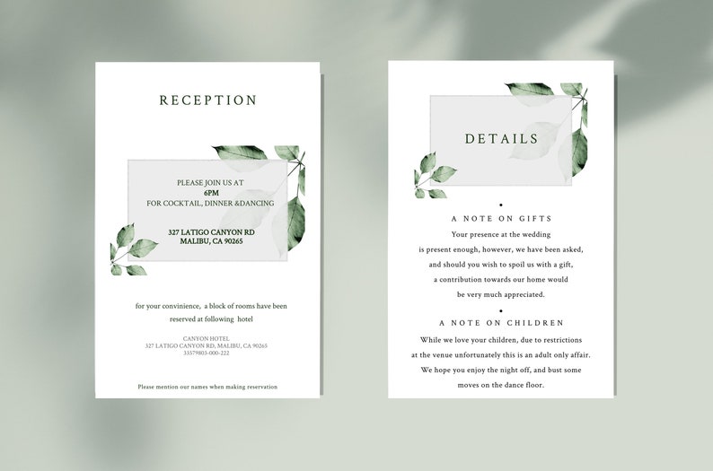 Editable Greenery Wedding Reception& Detail Card|rustic Wedding ...