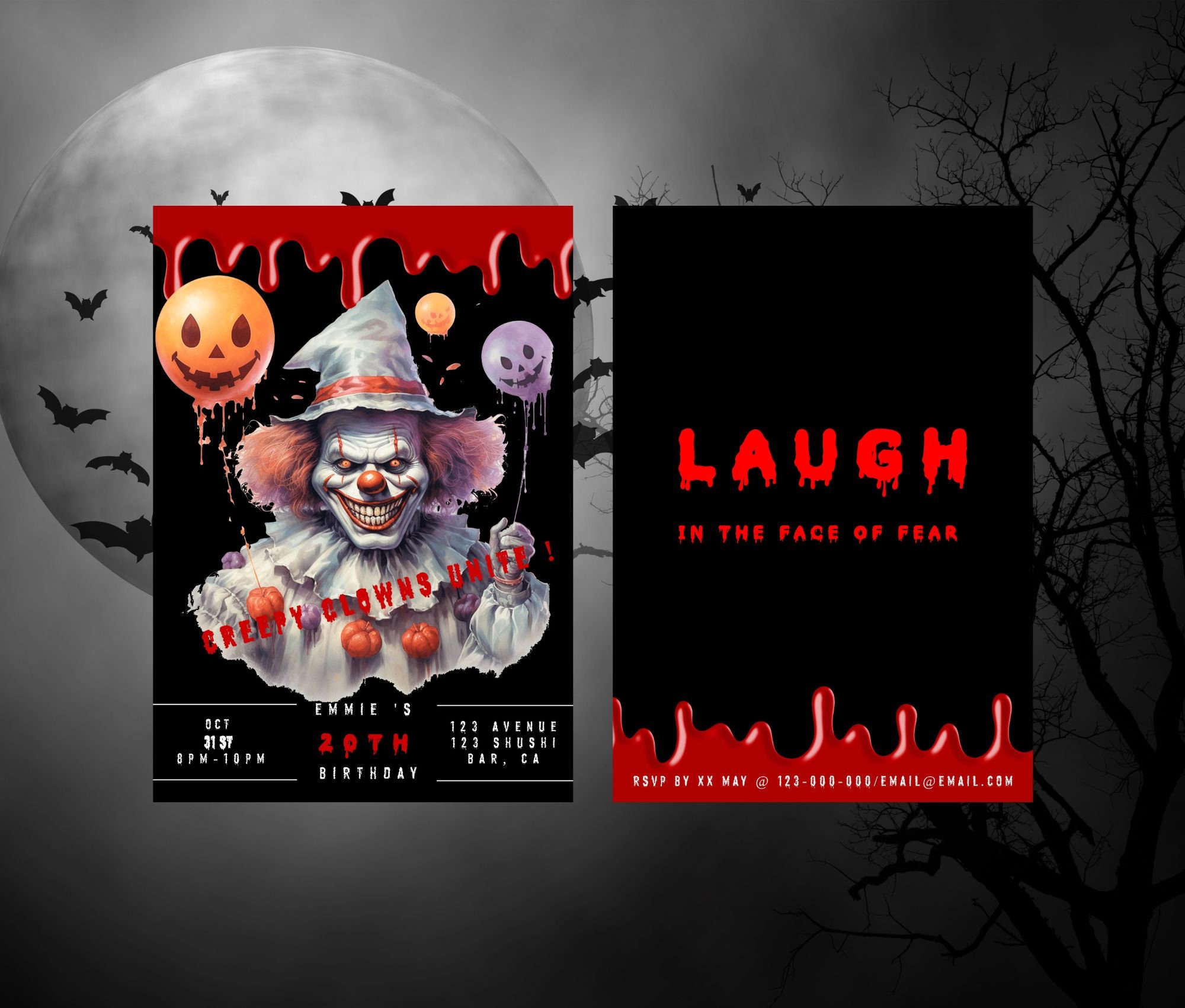 Editable Halloween Horror Party Invitation|clown Zombie Movie Character ...