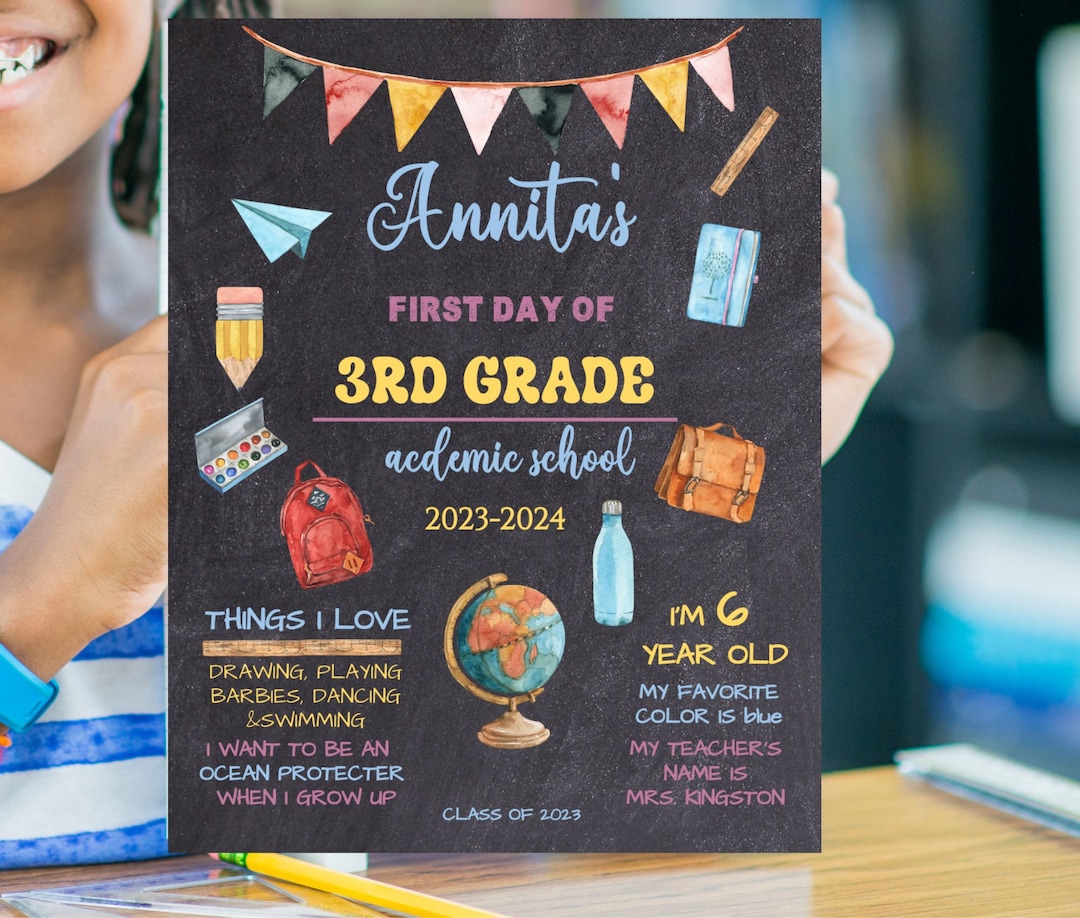 Chalkboard Back to School 3rd Grade Sign| Editable First Day of School ...