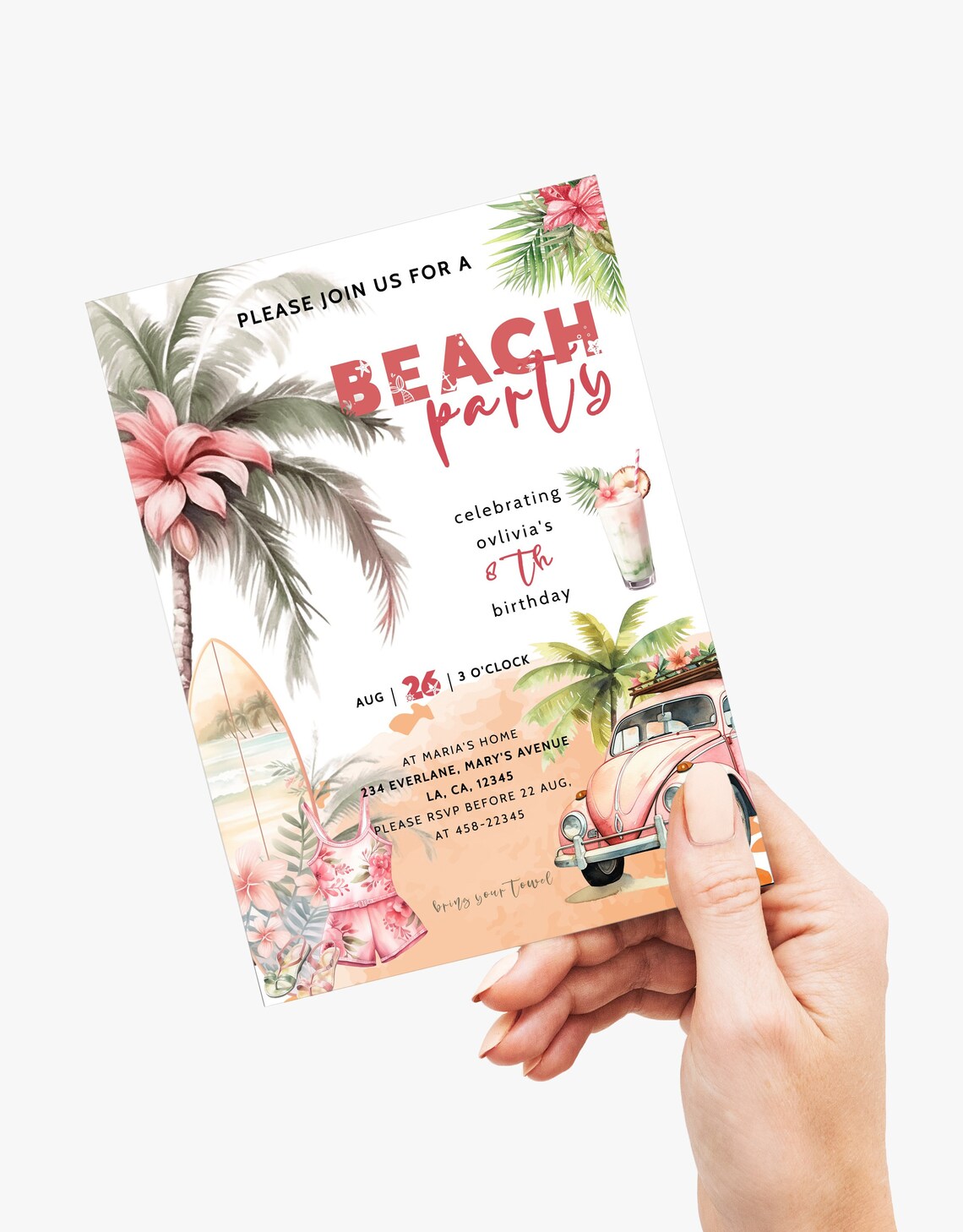 Editable ANY AGE Surfing Pink Girl Beach Party Birthday Party ...