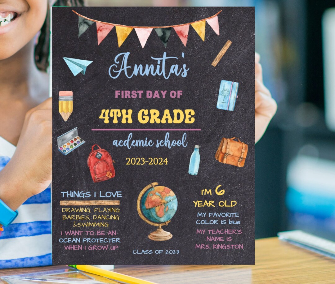 Chalkboard Back to School 4thgrade Sign| Editable First Day of School ...