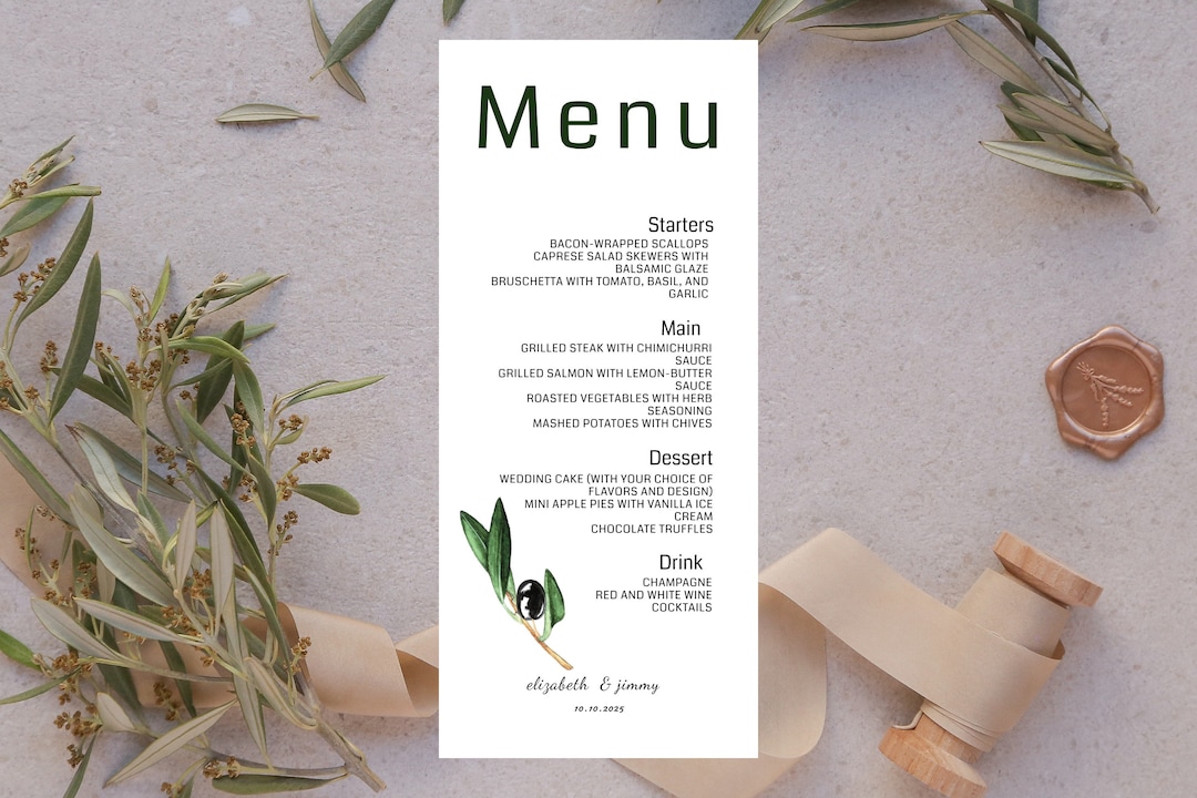 Editable Mediterranean Wedding Menu Insert Card|olive Wedding|rustic ...