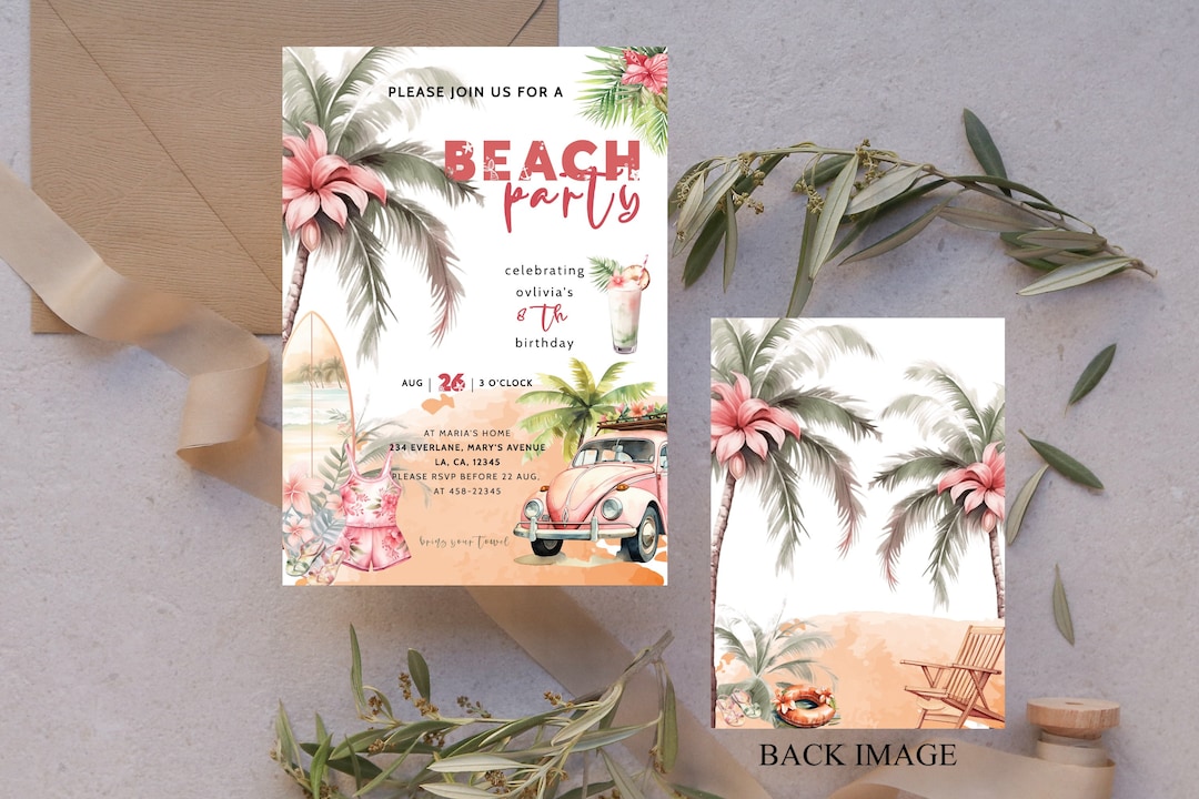 Editable ANY AGE Surfing Pink Girl Beach Party Birthday Party ...